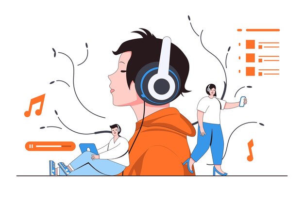 Conceito de streaming de música digital com pessoa ouvindo música em ... Conceito de streaming de música digital com pessoa ouvindo música em ...