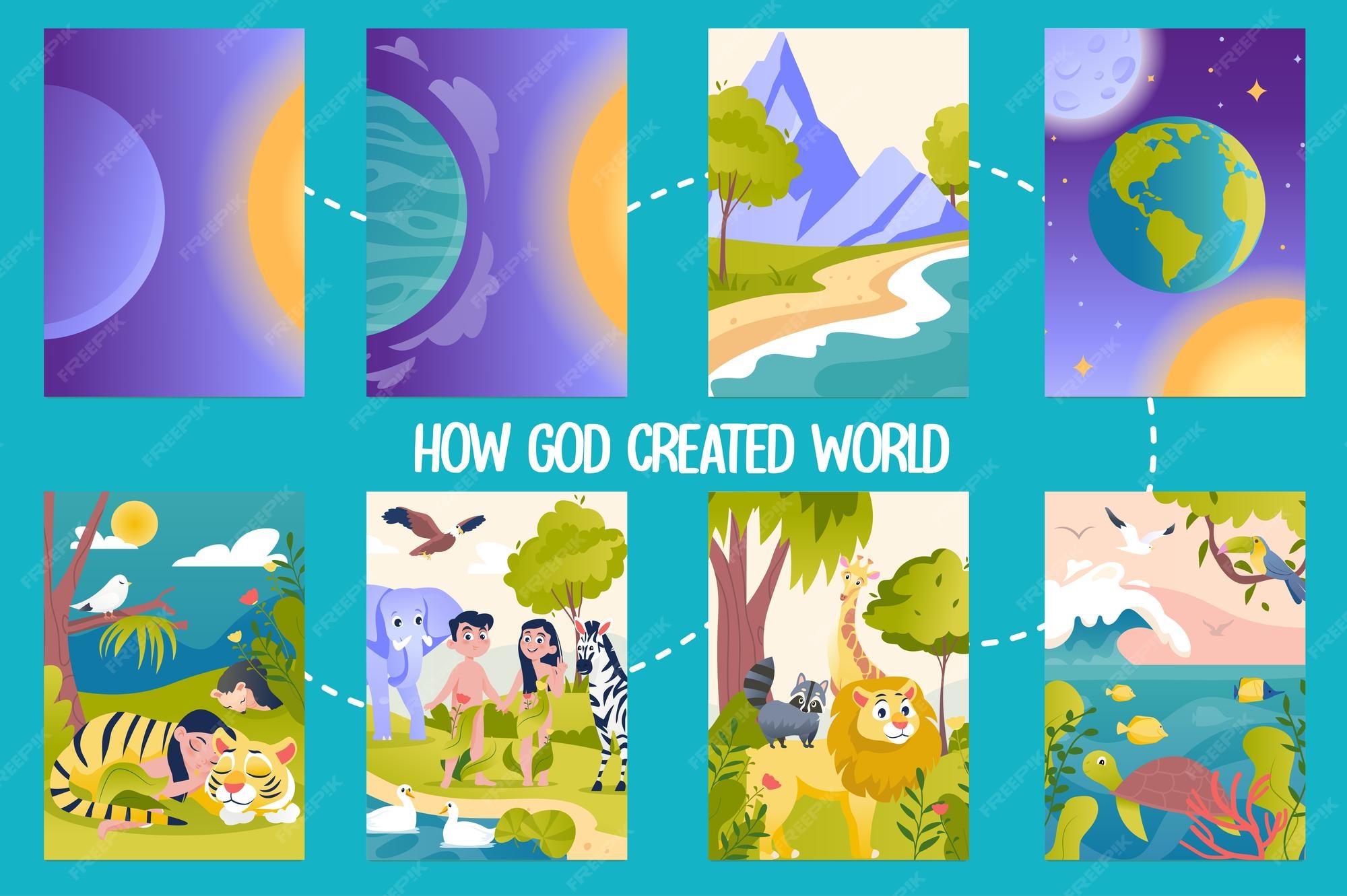 Conjunto de imagens de como Deus criou o mundo em design de desenho ... Conjunto de imagens de como Deus criou o mundo em design de desenho ...