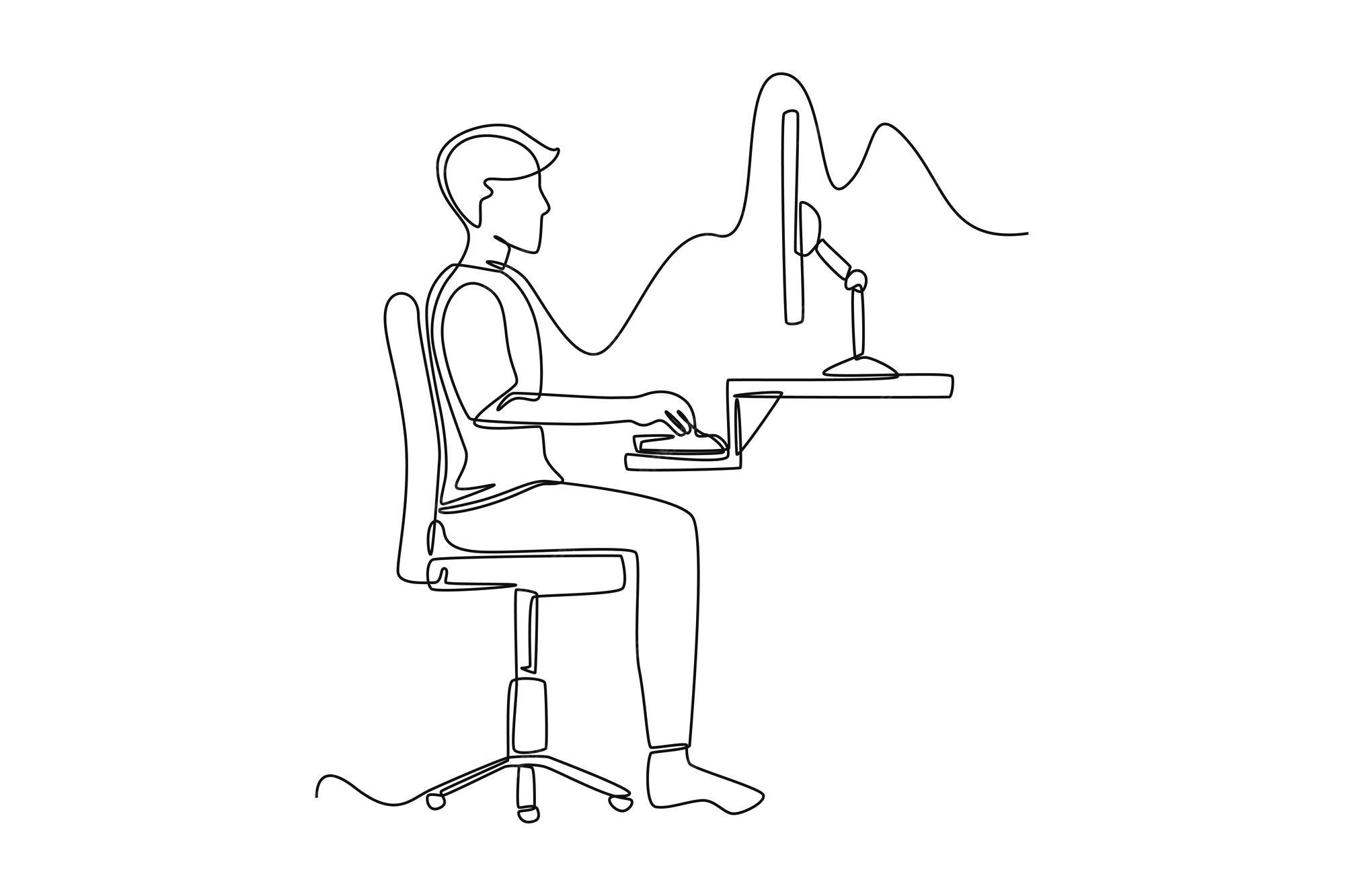 Desenho de linha único, posição sentada masculina correta enquanto ... Desenho de linha único, posição sentada masculina correta enquanto ...
