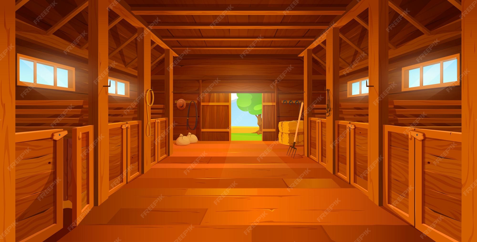Estábulo de fazenda de desenho animado ou interior de celeiro com ... Estábulo de fazenda de desenho animado ou interior de celeiro com ...