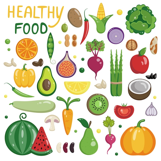 Ilustração em vetor plana de legumes e frutas em um fundo branco ... Ilustração em vetor plana de legumes e frutas em um fundo branco ...