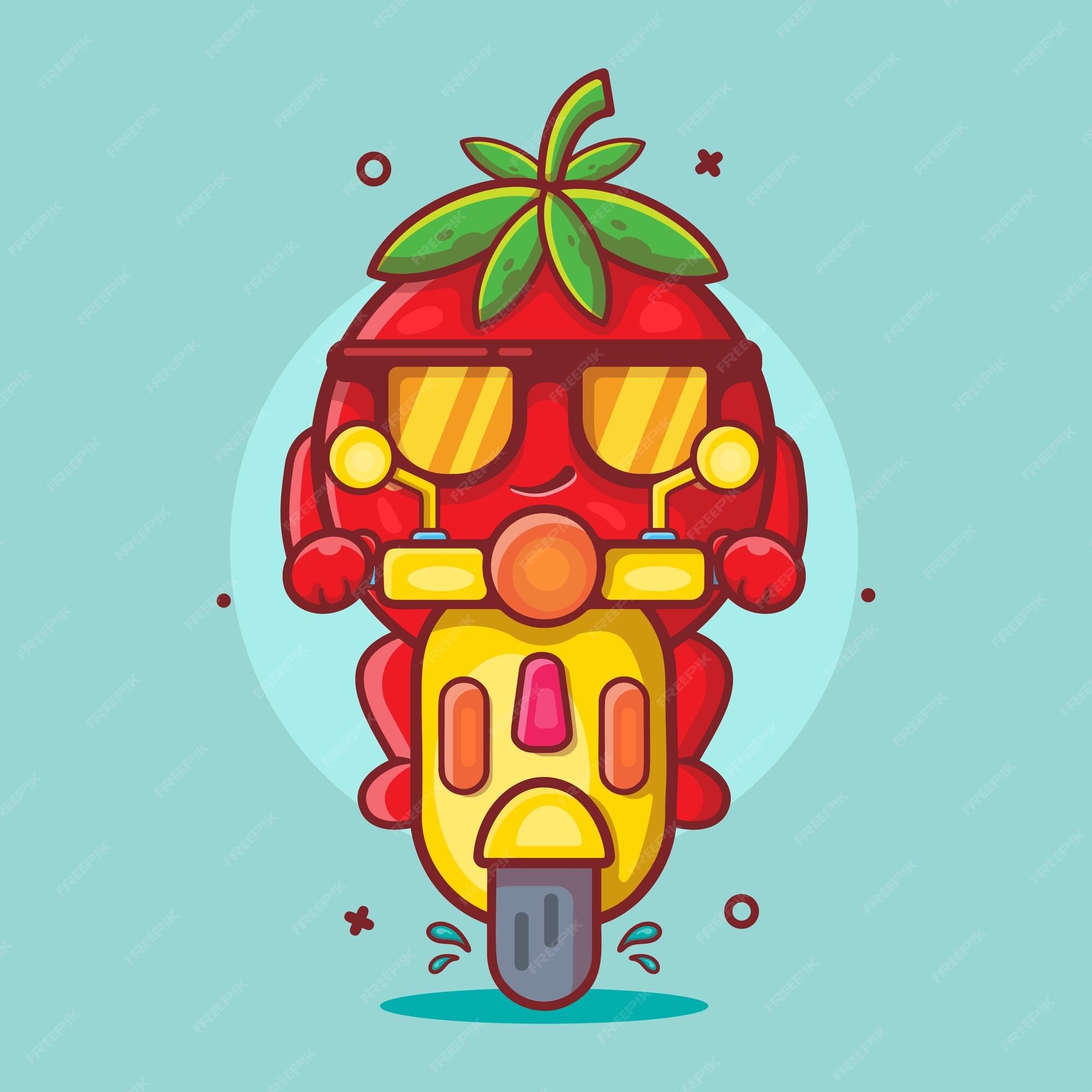 Mascote de personagem de fruta de tomate bonito andando de scooter ... Mascote de personagem de fruta de tomate bonito andando de scooter ...