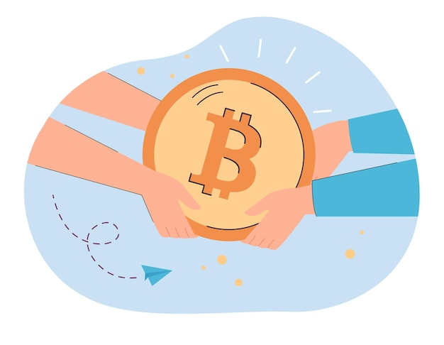 Moeda de bitcoin de ouro em ilustração vetorial plana de mãos humanas ... Moeda de bitcoin de ouro em ilustração vetorial plana de mãos humanas ...