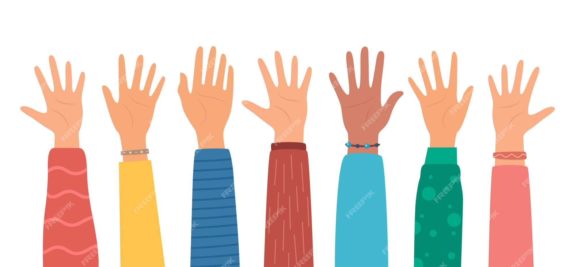 Multidão multicultural de pessoas com mãos levantadas trabalho em ... Multidão multicultural de pessoas com mãos levantadas trabalho em ...