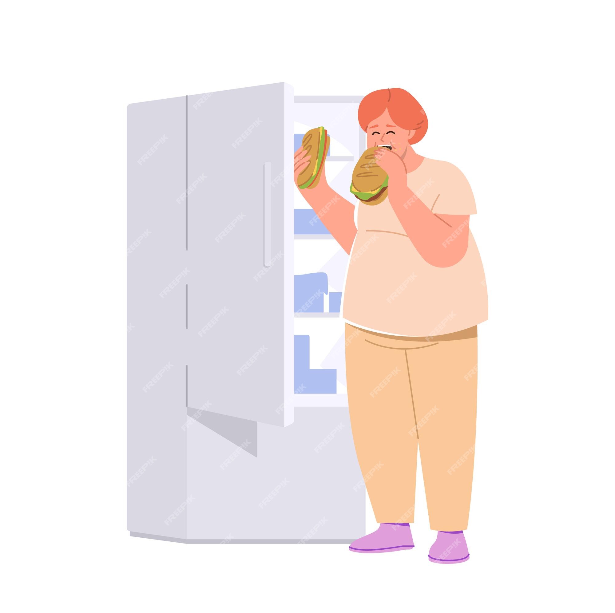 Personagem de mulher com sobrepeso comendo sanduíche em pé na frente da ... Personagem de mulher com sobrepeso comendo sanduíche em pé na frente da ...