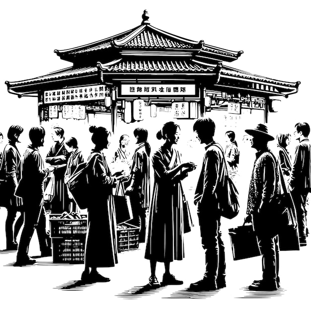 Silhueta em preto e branco de um grupo de pessoas orientais e asiáticas ... Silhueta em preto e branco de um grupo de pessoas orientais e asiáticas ...