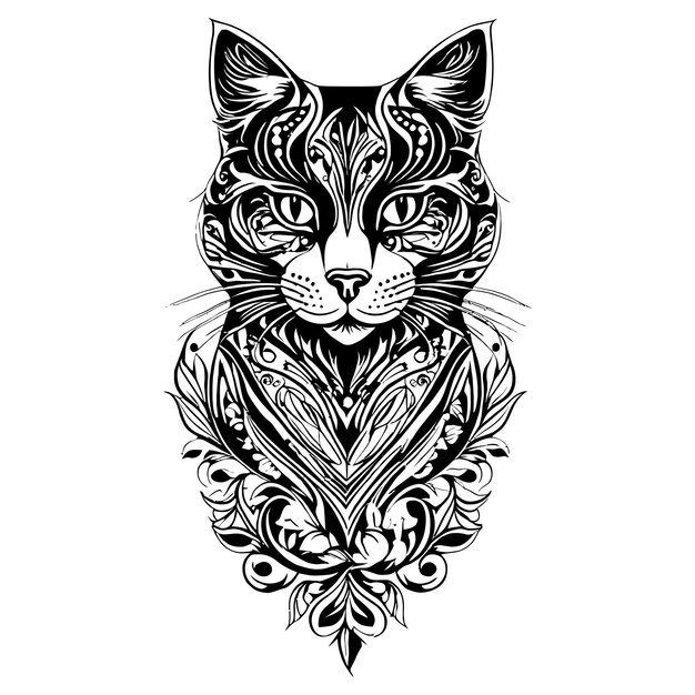 Tatuagem Artística De Retrato De Gato Vetor Premium