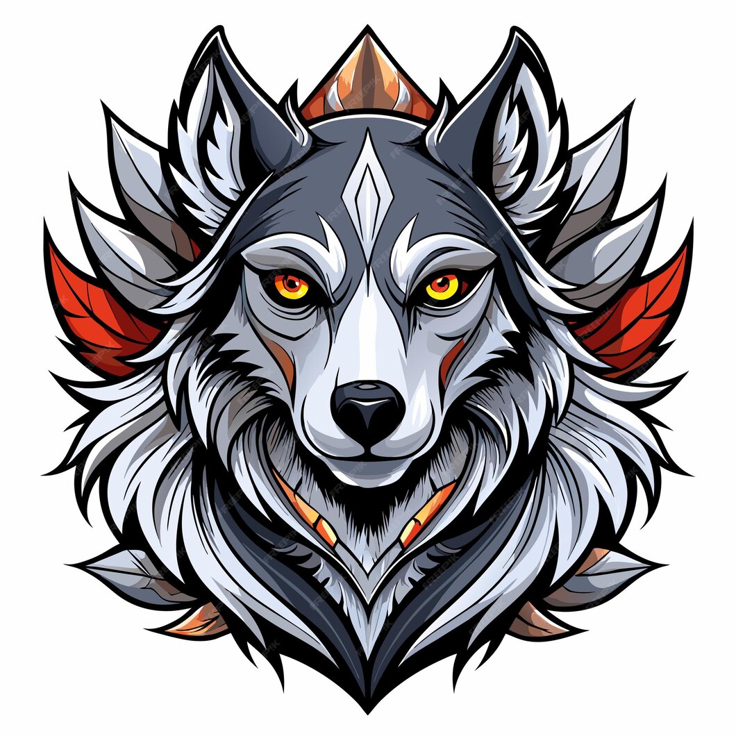 Tatuagem De Cabeça De Lobo Desenhada à Mão Mascote Personagem De Desenho Animado Adesivo ícone