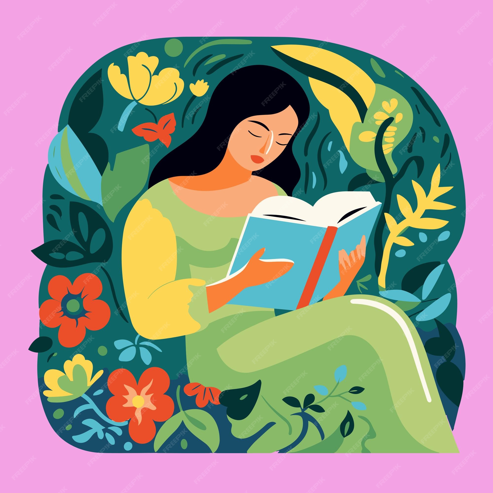 Uma Mulher Lendo Um Livro Colorido Caprichoso Vector Plano Doodle Personagem Fofo Fundo Rosa