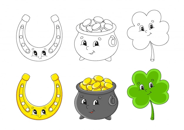 Kleurplaat instellen voor kinderen. pot met goud. leuke stripfiguren ... Kleurplaat instellen voor kinderen. pot met goud. leuke stripfiguren ...